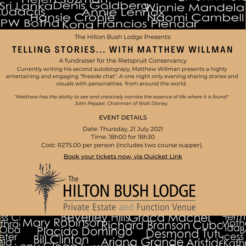 Book soon for Matthew Willman at The Hilton Bush Lodge on 21 July ...